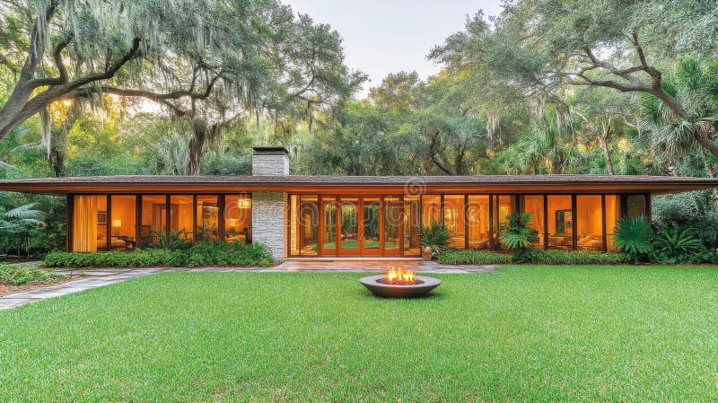 Low Profile Modern House with Large Windows and Fire Pit Stock Photo ...