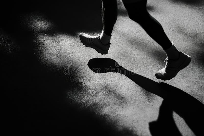 Athlete Running on Track with Dramatic Shadow in Black and White Stock ...