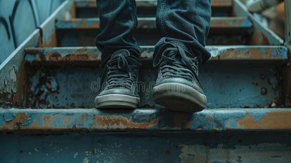 Low Section of Man Sitting on Stepping on the Stair, Generative AI ...