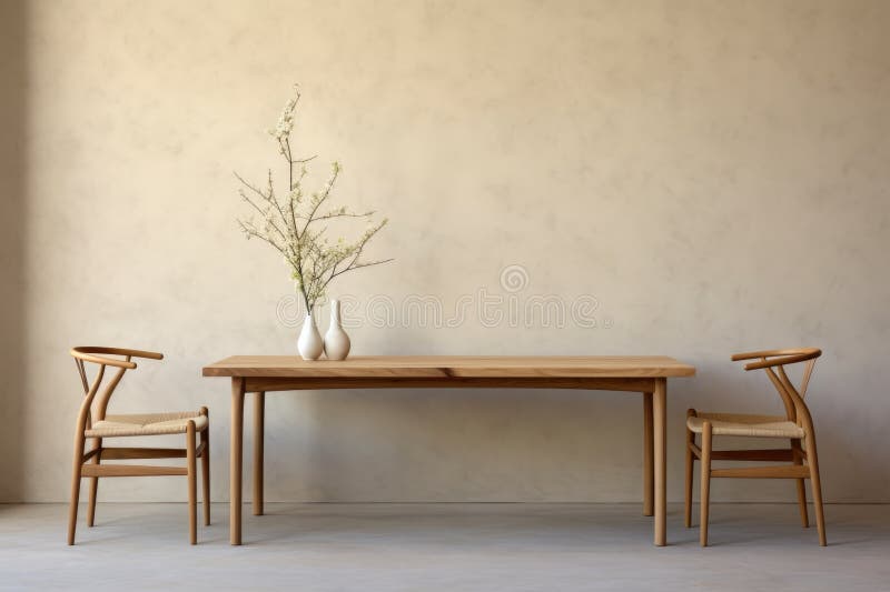 A Low-set Dining Table with Two Minimalist Chairs Against a Plain Wall ...
