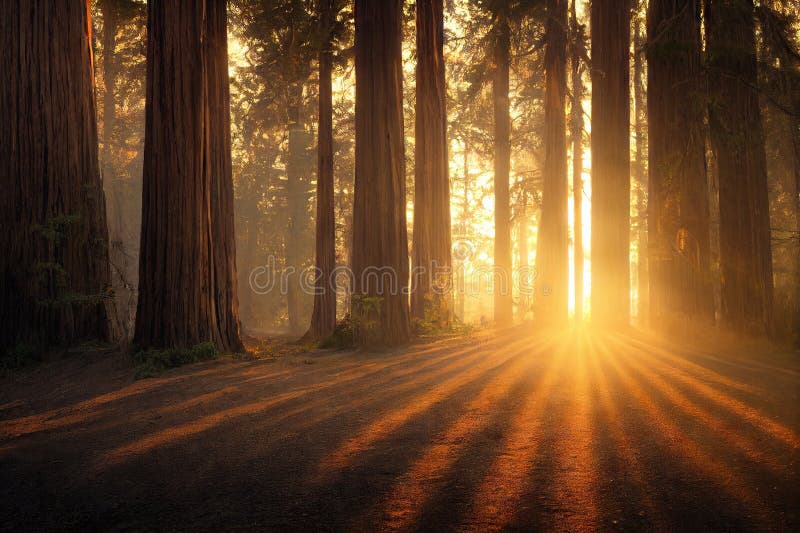 Low Setting Sun among Trunks of Sequoia Forest Stock Illustration ...