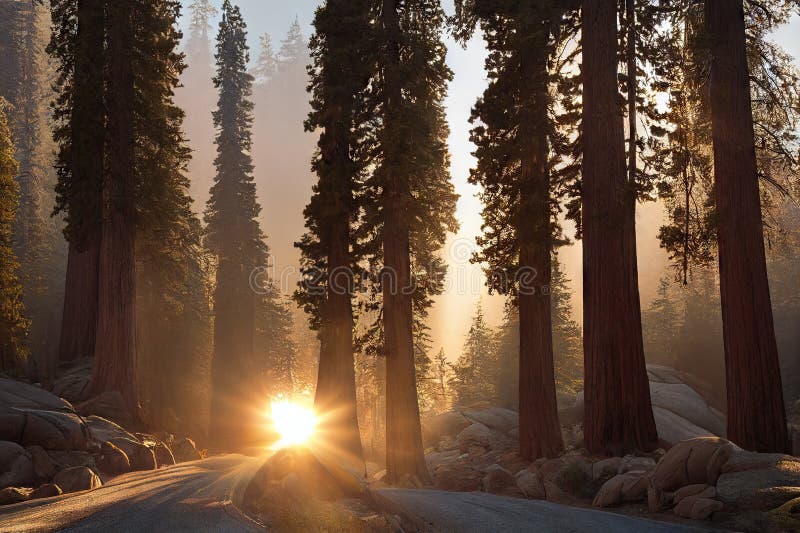 Low Setting Sun among Trunks of Sequoia Forest Stock Illustration ...