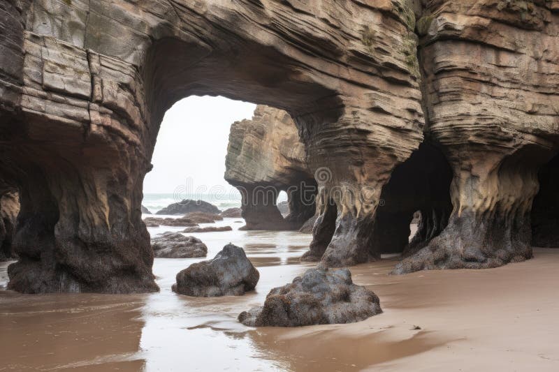 Low Tide Exposing Unique Sea Cave Formations Stock Illustration ...