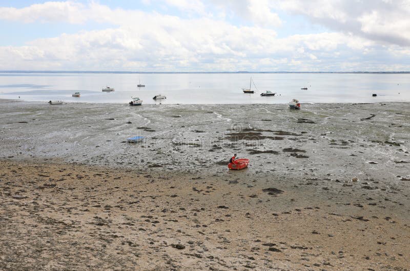 Low Tide on the Ocean and Boats Aground on the Muddy Sand Stock Photo ...