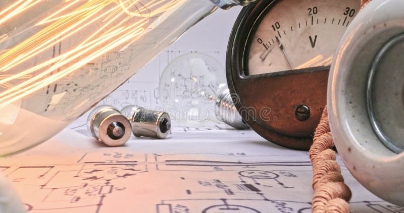 Low Voltage Edison Bulb. Light Bulb, and Cables on Diagrams. Stock ...