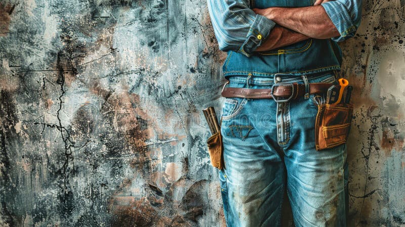 The Lower Half of a Construction Worker, Standing Against a Weathered ...