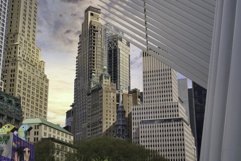 Lower Manhattan Buildings with the Airy Transport Hub`s Spikes ...