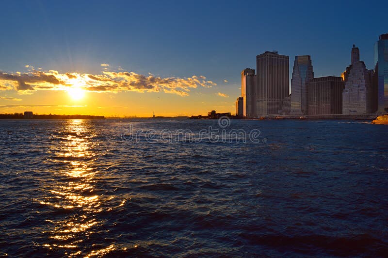 Lower Manhattan at sunset. stock photo. Image of dusk - 67123078