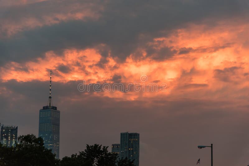 Lower Manhattan at sunset stock photo. Image of evening - 97705644