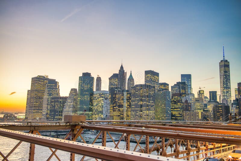 Lower Manhattan Sunset Skyline As Seen from Brooklyn, USA Stock Image ...