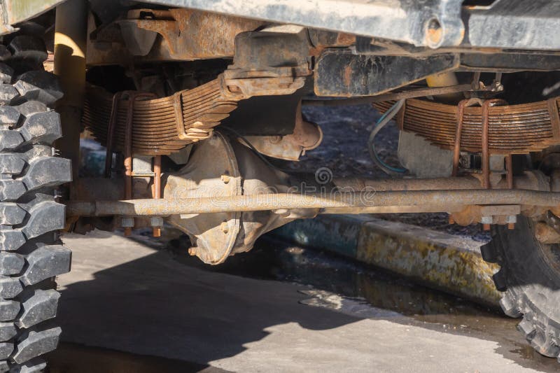 Lower Part of the Car Chassis and Axle Close-up, Old and Rusty Jeep ...