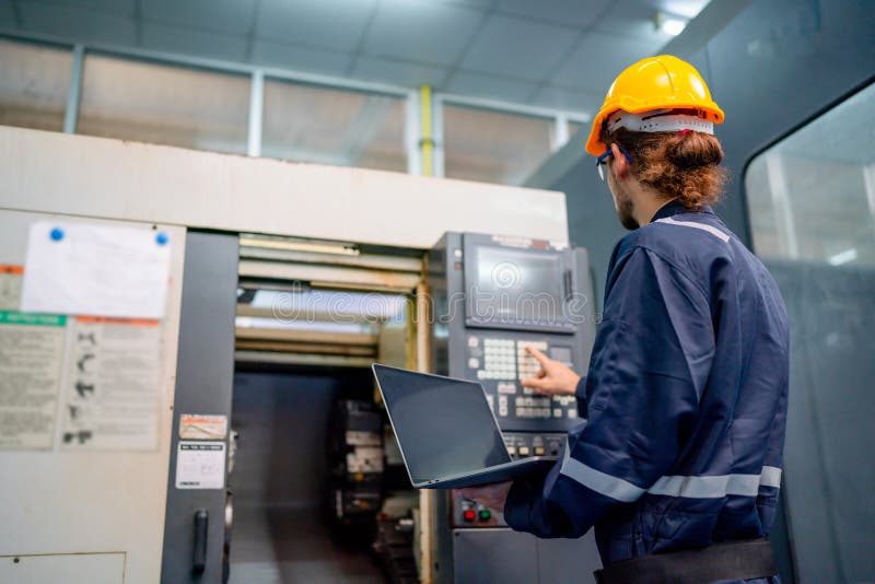 Lower View and Back of Engineer or Technician Worker Press Button of ...