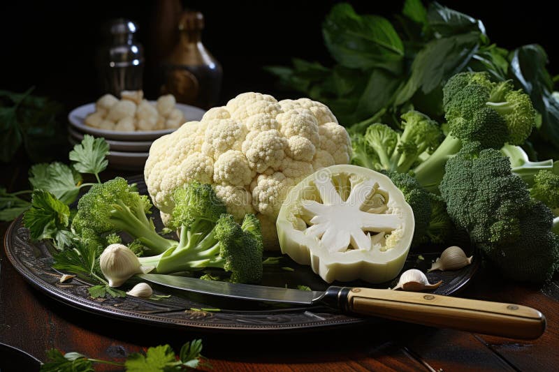 Lower View Broccoli and Raw Cauliflower on a Black Rectangular Plate in ...