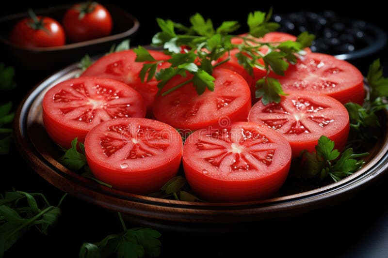 Lower View of Red Tomatoes on a Wooden Plate on the Dark Stock ...