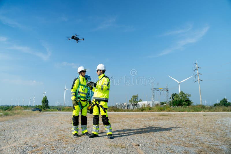 Lower View Wind Turbine or Windmill Workers or Technicians Use Drone To ...