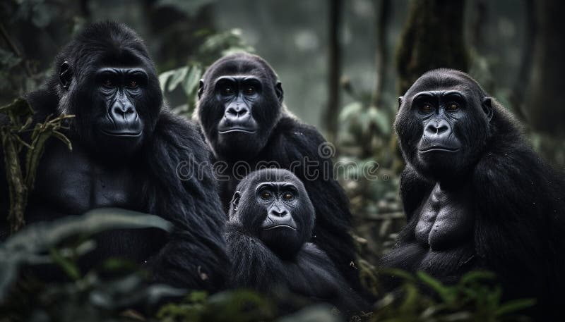 Lowland Gorilla Group Staring, Focused on Camera in African Wilderness ...