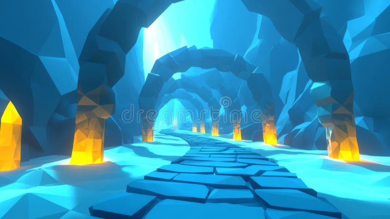 Lowpoly Blue Ice Cave Path with Glowing Yellow Crystals Stock ...