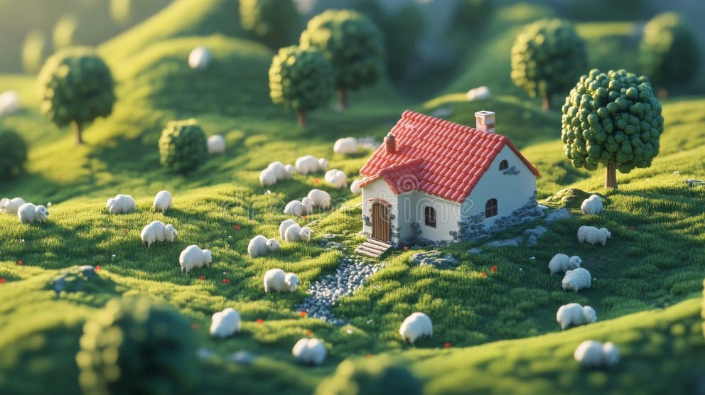 Lowpoly 3D Render of Idyllic Farm Scene with Sheep Stock Illustration ...