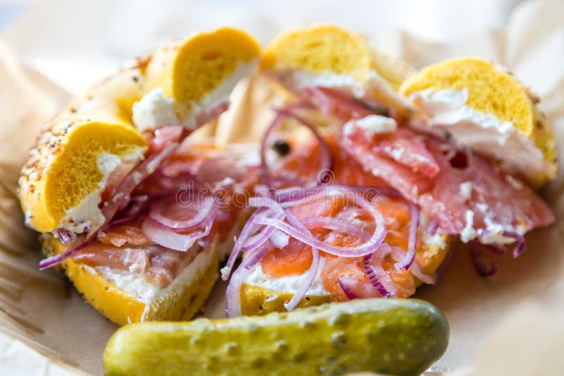 Lox on Everything Bagel with Dill Pickle Stock Image - Image of pickle ...