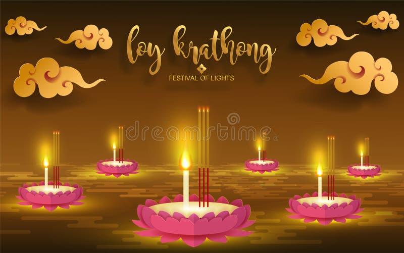 Loy Krathong Festival in Flat Style. Thai Language Text Translation ...