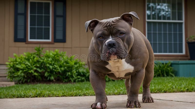 Loyal American Bully Standing Guard in Front of Home, Watchful and ...