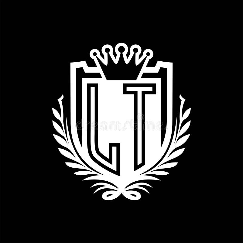 LT Letter Logo Heraldic Shield Shape with Crown on Black Background ...