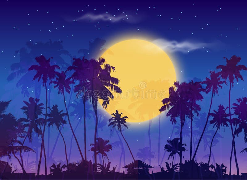 Lua Amarela Grande Com As Silhuetas Escuras Das Palmas Ilustração do ...