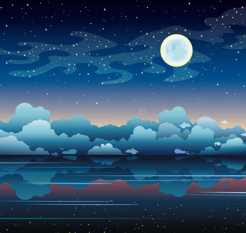 Lua Cheia E Mar Em Um Céu Noturno Ilustração Stock - Ilustração de luar ...