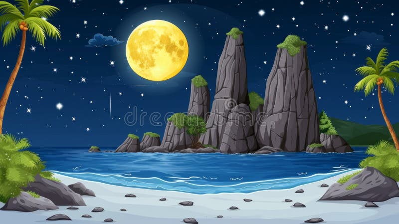 Lua Cheia Sobre O Oceano Com Rochas E Palmeiras Ai Ilustração Stock ...