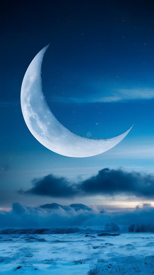 Lua Crescente Sobre a Neve Cobria Paisagem Matizes Azuis E Estrelas ...