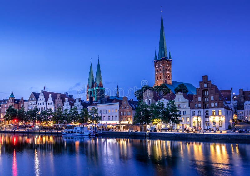 Lubeck, North Germany, Panorama at Blue Hour with Reflections Editorial ...