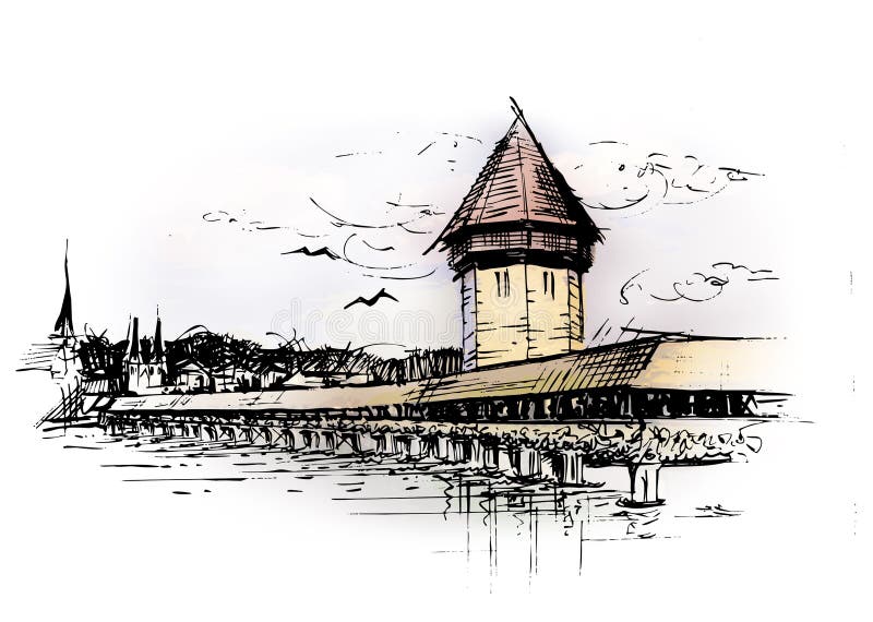 Lucern, Switzerland stock illustration. Illustration of drawing - 61272551