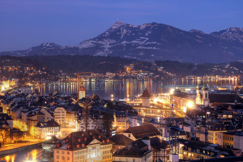 Lucerne Aerial at Night, Switzerland Stock Image - Image of mount ...