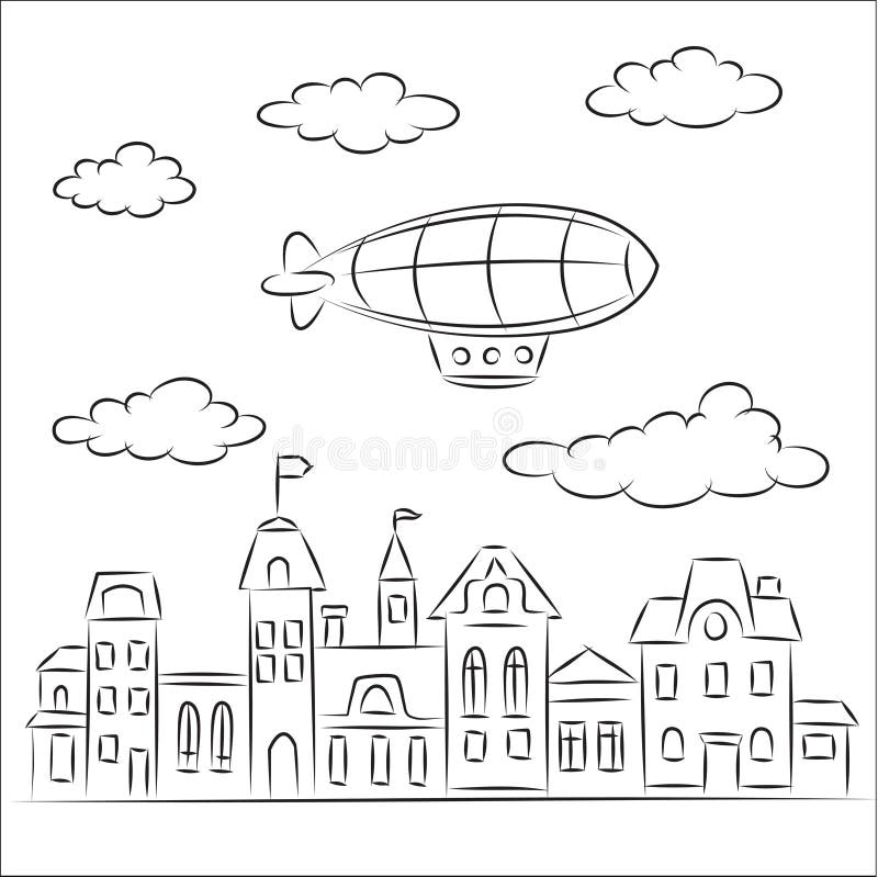 Luchtschip Boven De Oude Stad Vector Illustratie - Illustration of ...