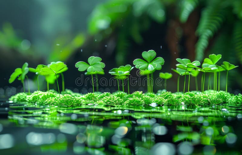 Lucky Clover and Four Leaf Clovers Growing on Mossy Rock Over Swamp ...