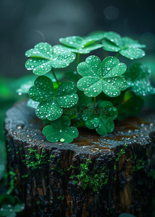 Lucky Clover Growing on Tree Stump in the Rain Stock Photo - Image of ...