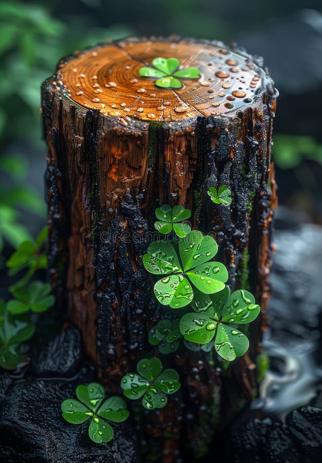 Lucky Four Leaf Clover Growing on Tree Stump Stock Photo - Image of ...