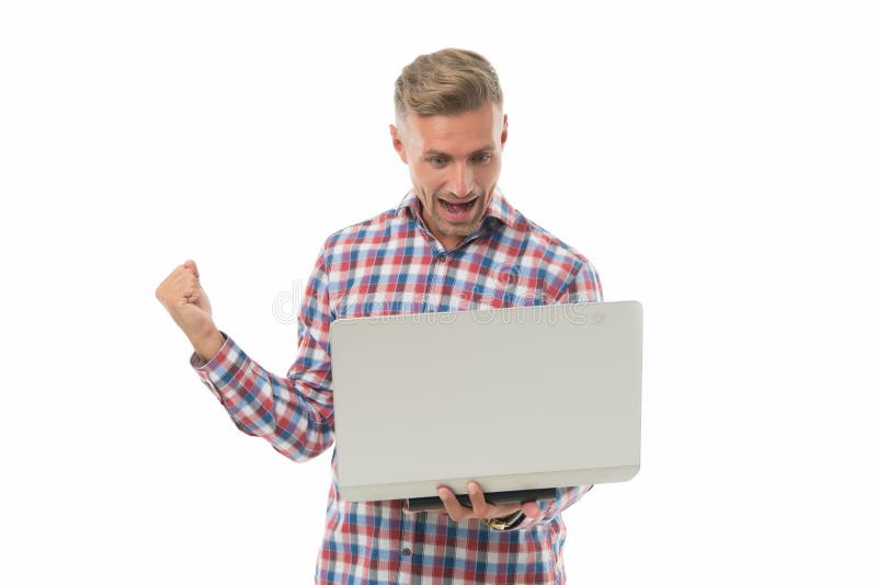 Lucky Guy. Handsome Man Hold Laptop Isolated on White. Laptop Computer ...