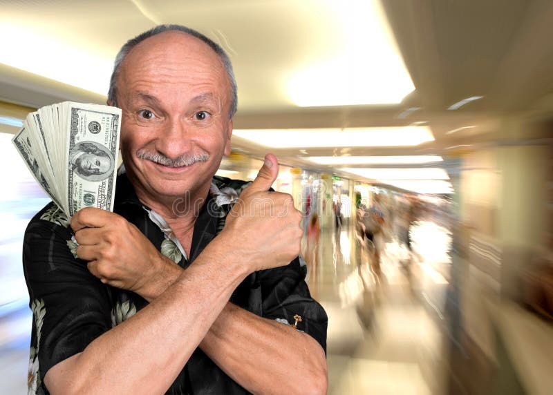Lucky Old Man Holding Dollar Bills Stock Photo - Image of shopping ...