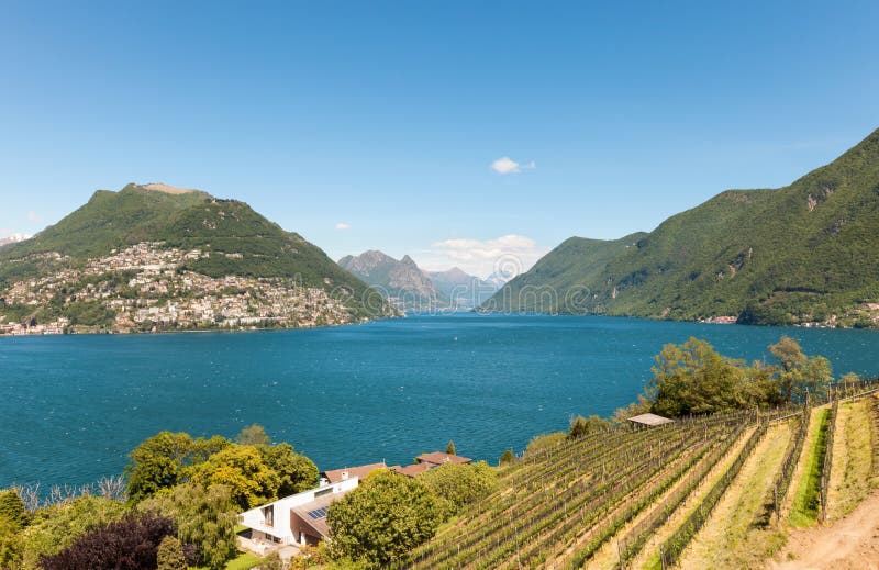 Lugano Lake Panoramic Landscape. City and Mountains. Ticino, Swiss ...