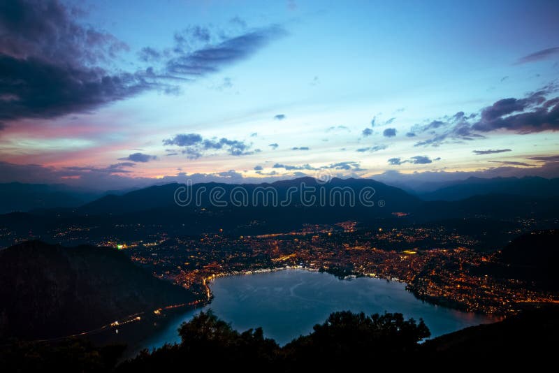 Lugano at night stock photo. Image of landscape, beautiful - 162430402