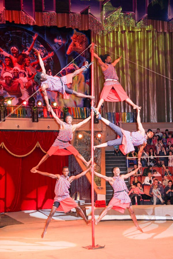 LUGANSK ,UKRAINE - APRIL 9, 2016: Several Acrobats in a Circus ...
