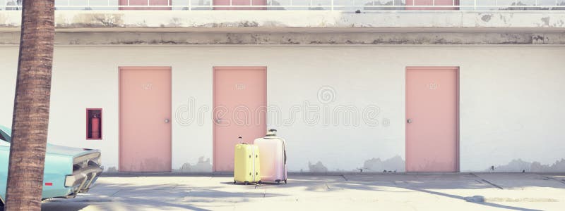 Luggage beside Parked Car Outside Motel. 3d Rendering Stock ...