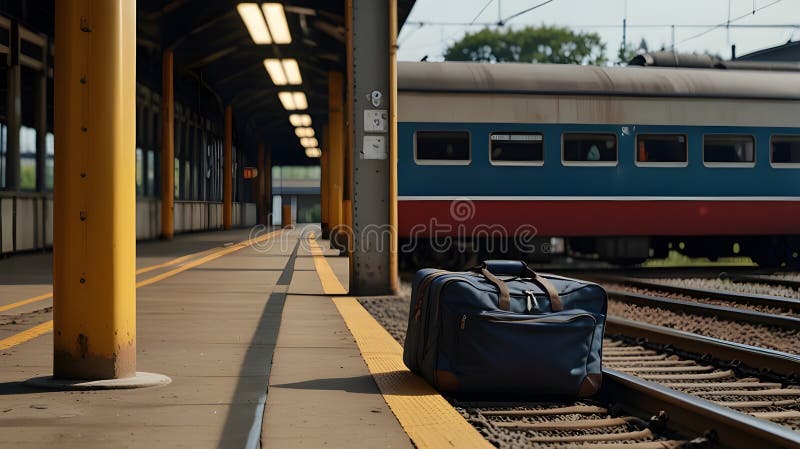 Luggage beside a Train Platform with Tracks Stretching into the ...