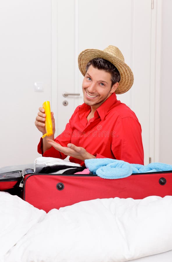 Luggaging Packing Man at Home Stock Image - Image of design, hand: 10205477