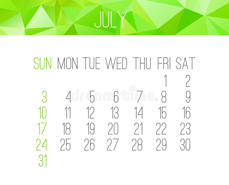 Luglio 2016 Calendario Mensile Illustrazione Vettoriale - Illustrazione ...