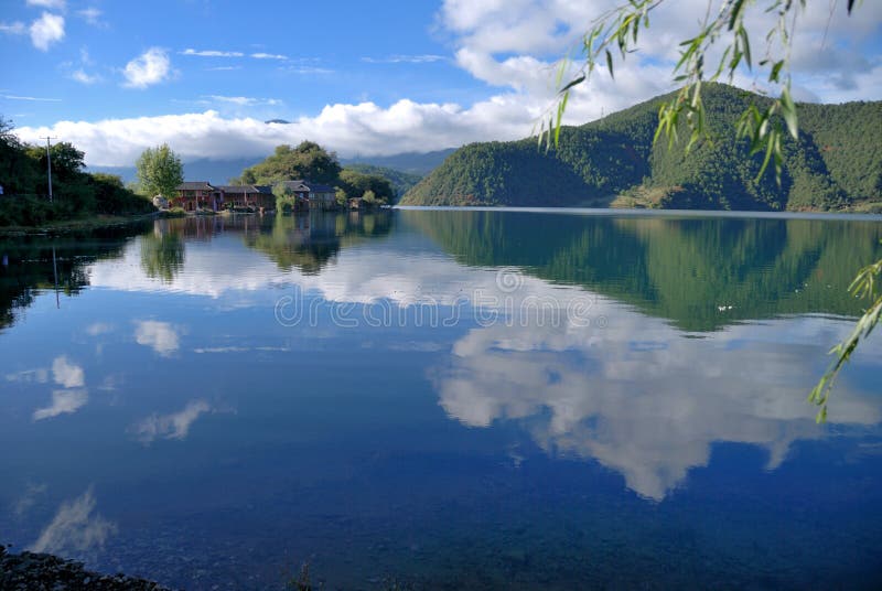 Lugu Lake stock photo. Image of house, landscape, clouds - 7474552