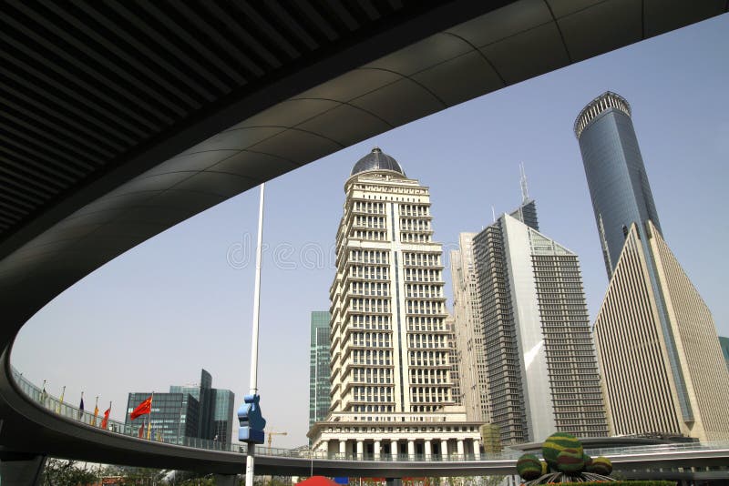 Lujiazui Bridge and Office Building Stock Photo - Image of curve ...