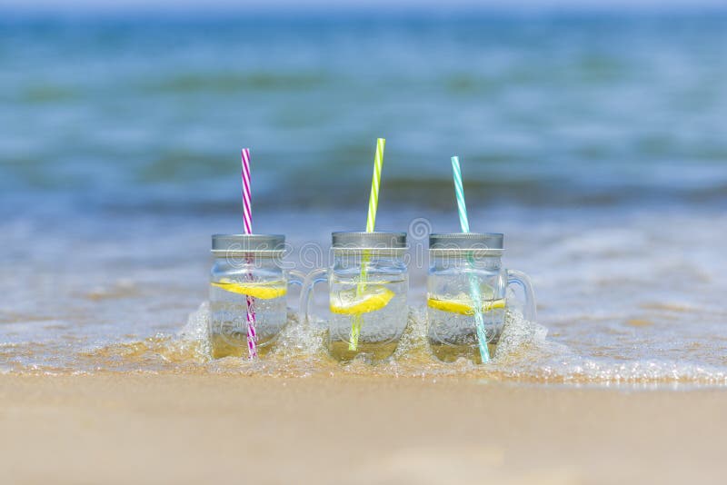 Lukecin, Poland, June 15, 2017: Cold Drinks in Jar on the Beach ...