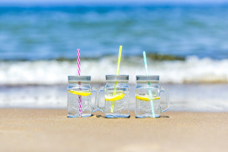 Lukecin, Poland, June 15, 2017: Cold Drinks in Jar on the Beach ...